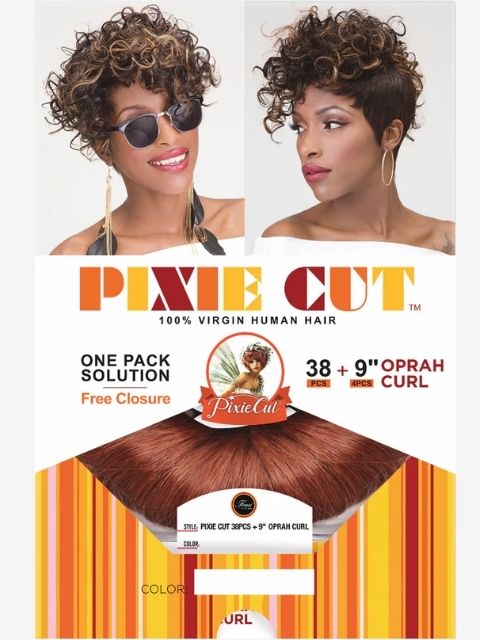 Femi Collection Pixie Cut 100% Human Hair PIXIE CUT 38"+9" OPRAH CURL ...