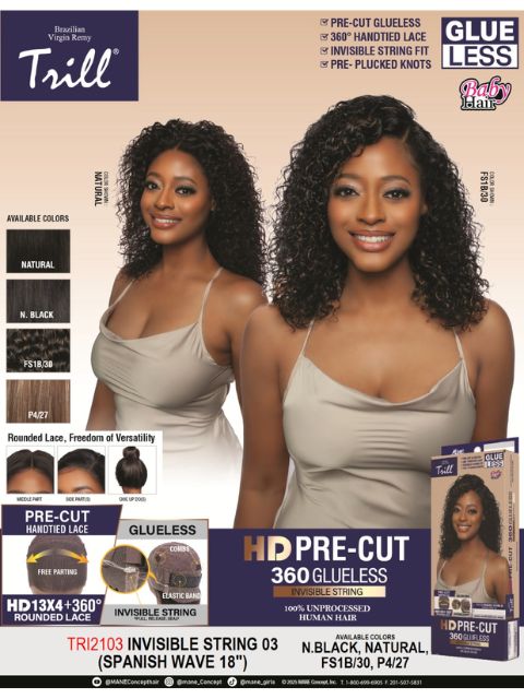 Mane Concept Trill 100% Unprocessed Human Hair HD Pre-Cut Lace Wig- (S ...